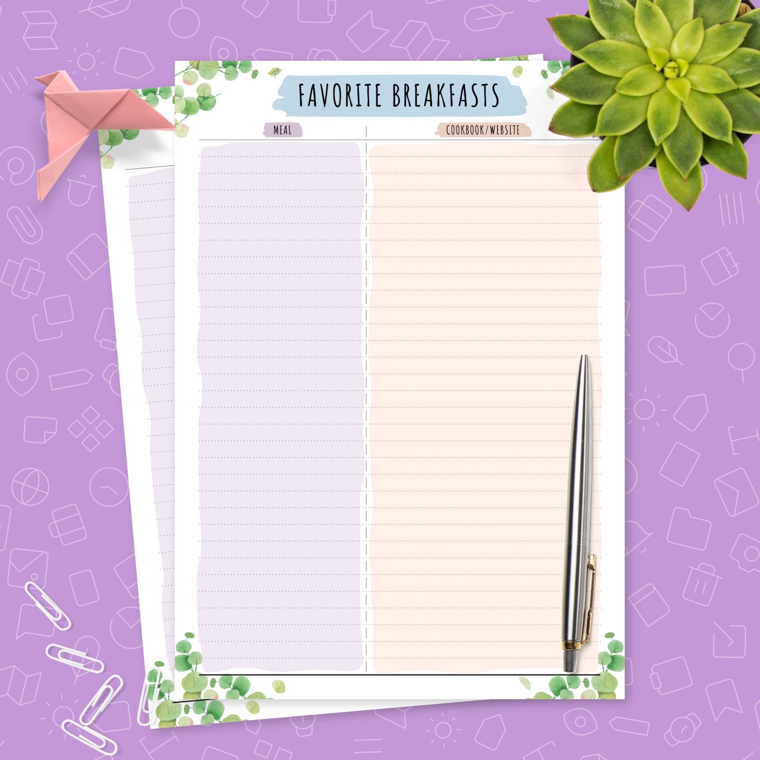Favorite Recipes List - Floral Style Template - Printable PDF