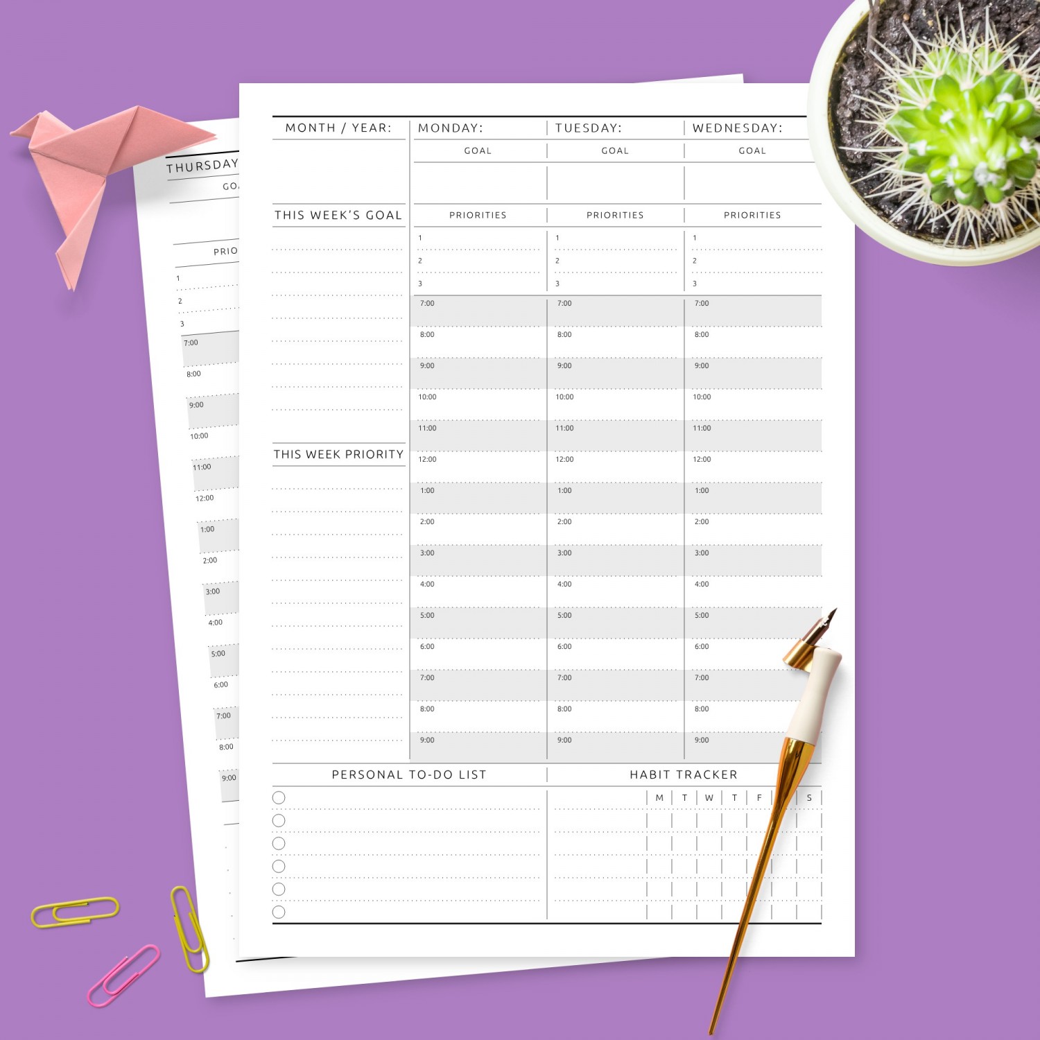 Formal Weekly Planner Undated Template - Printable PDF