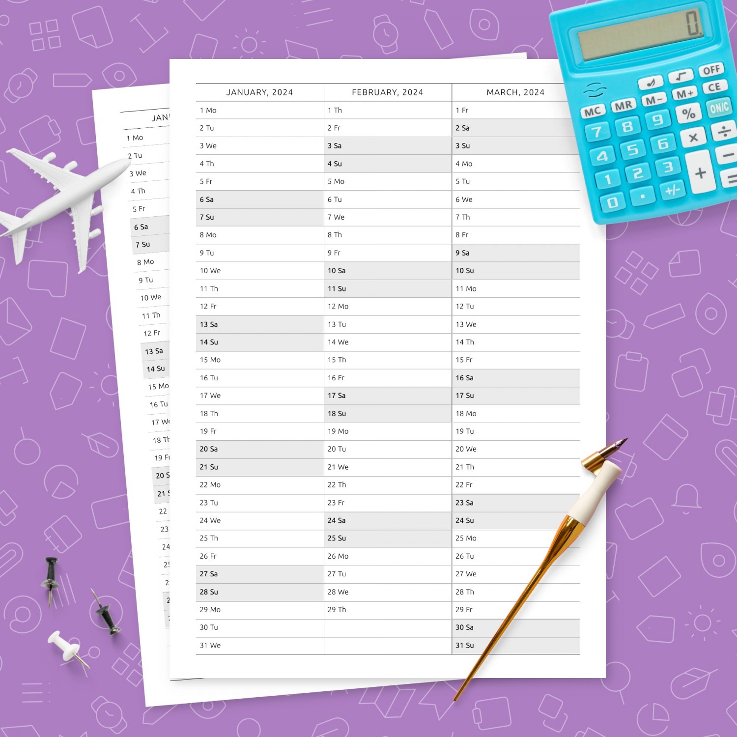 Four Pages Yearly Calendar Vertical Style Template - Printable PDF