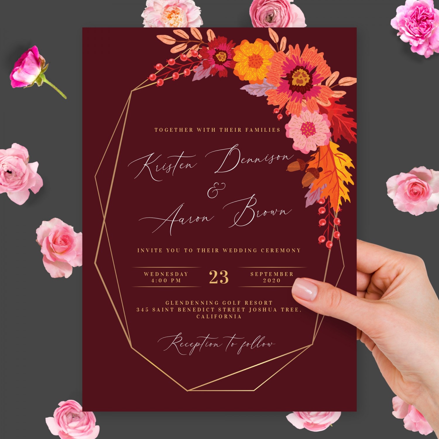 Geometric Floral Fall Wedding Invitation Template Online Maker