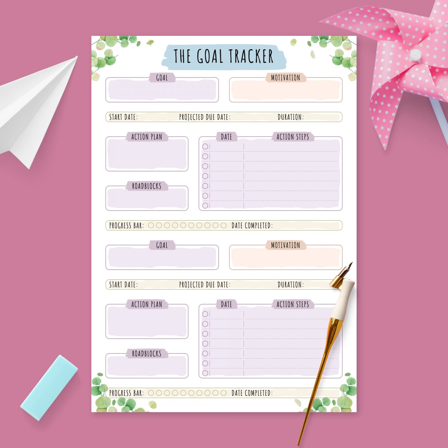 Goal Planner with Action Steps - Botanical Design Template - Printable PDF