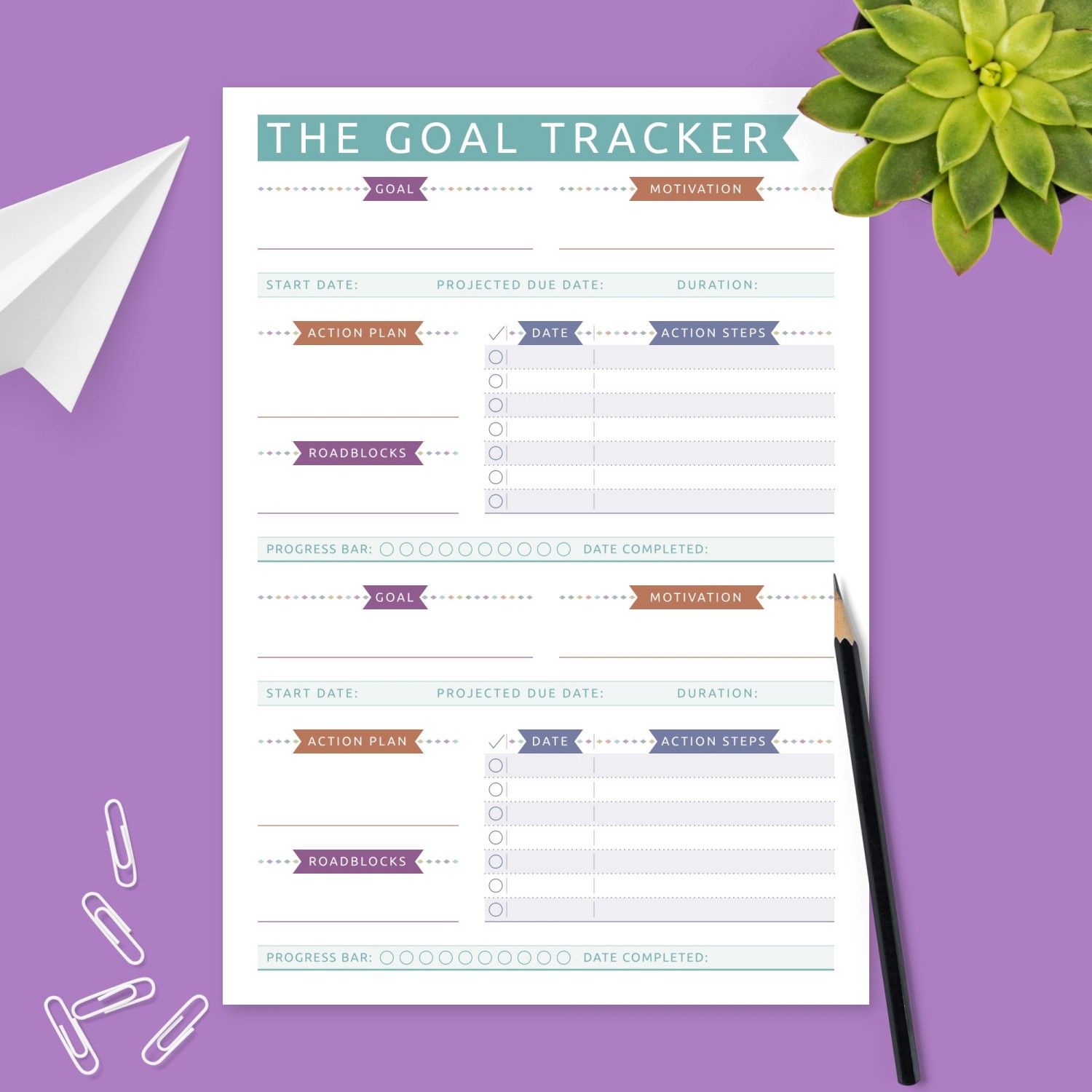 Goal Planner with Action Steps - Colored Design Template - Printable PDF