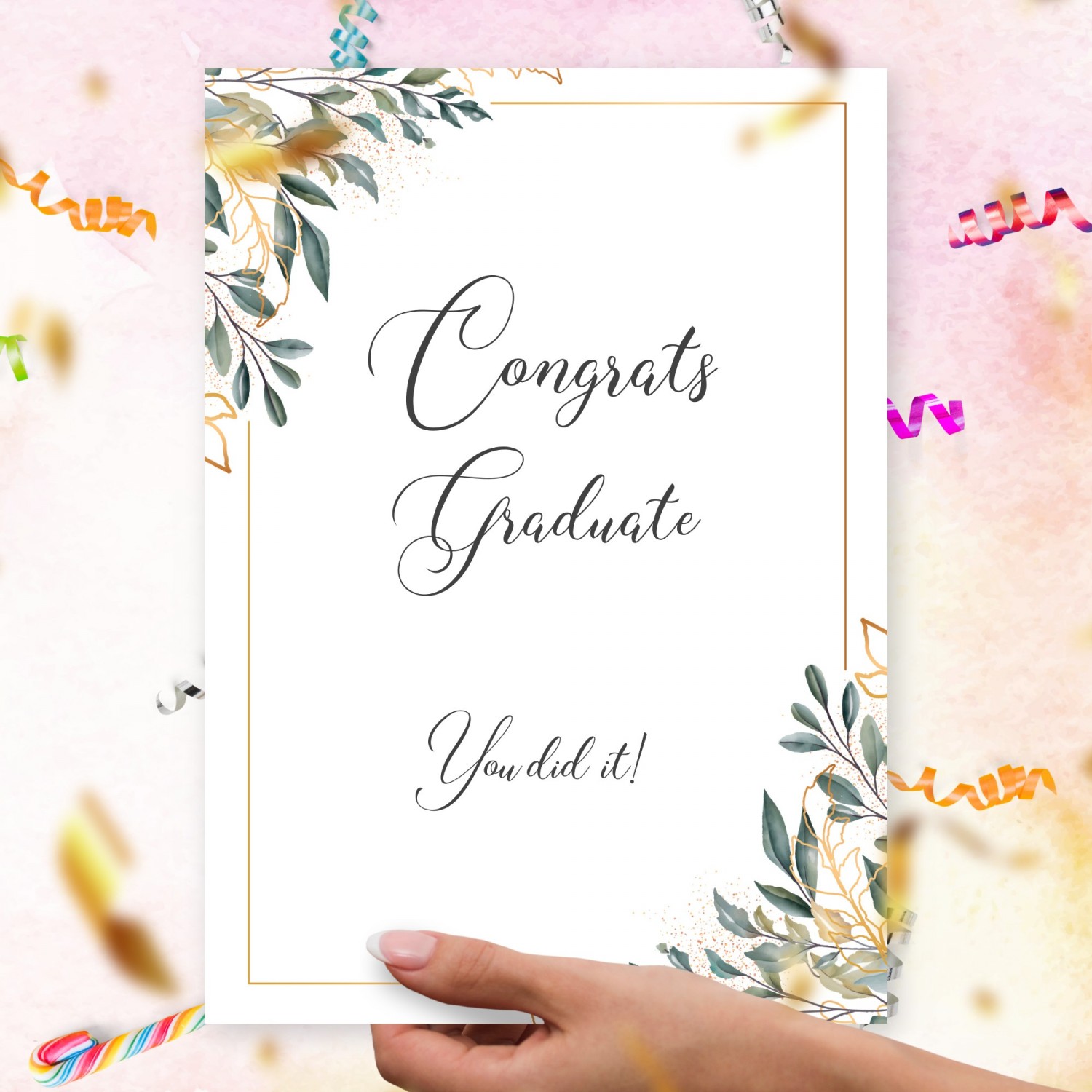 Green and Gold Botanical Graduation Card Template Editable Online