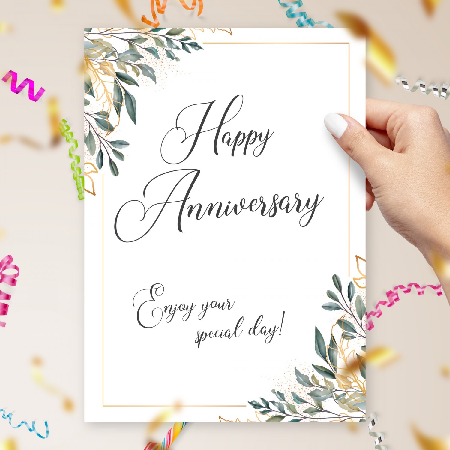 Green and Gold Calligraphy Anniversary Card Template Editable Online