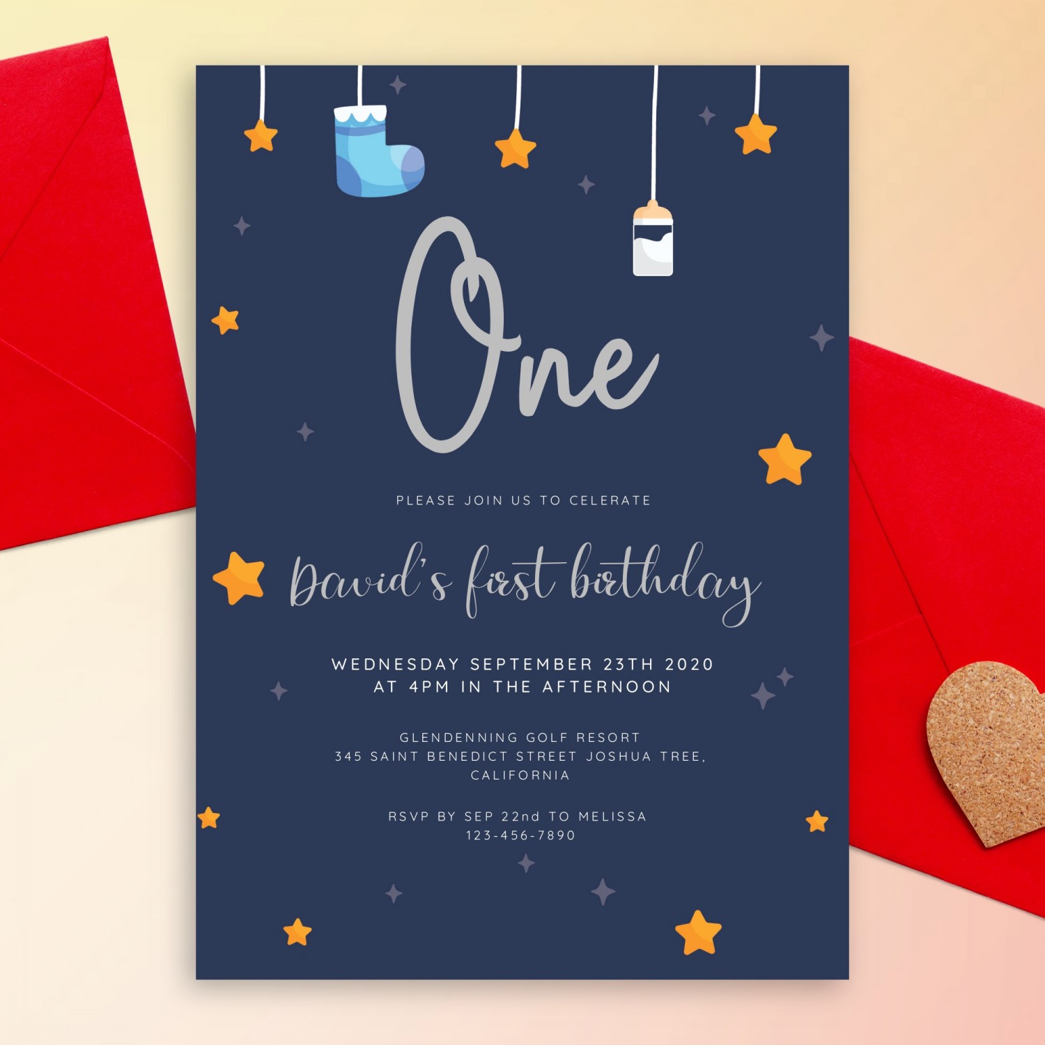 Hanging Stars Navy Blue Baby 1st Birthday Invitation Template Online Maker