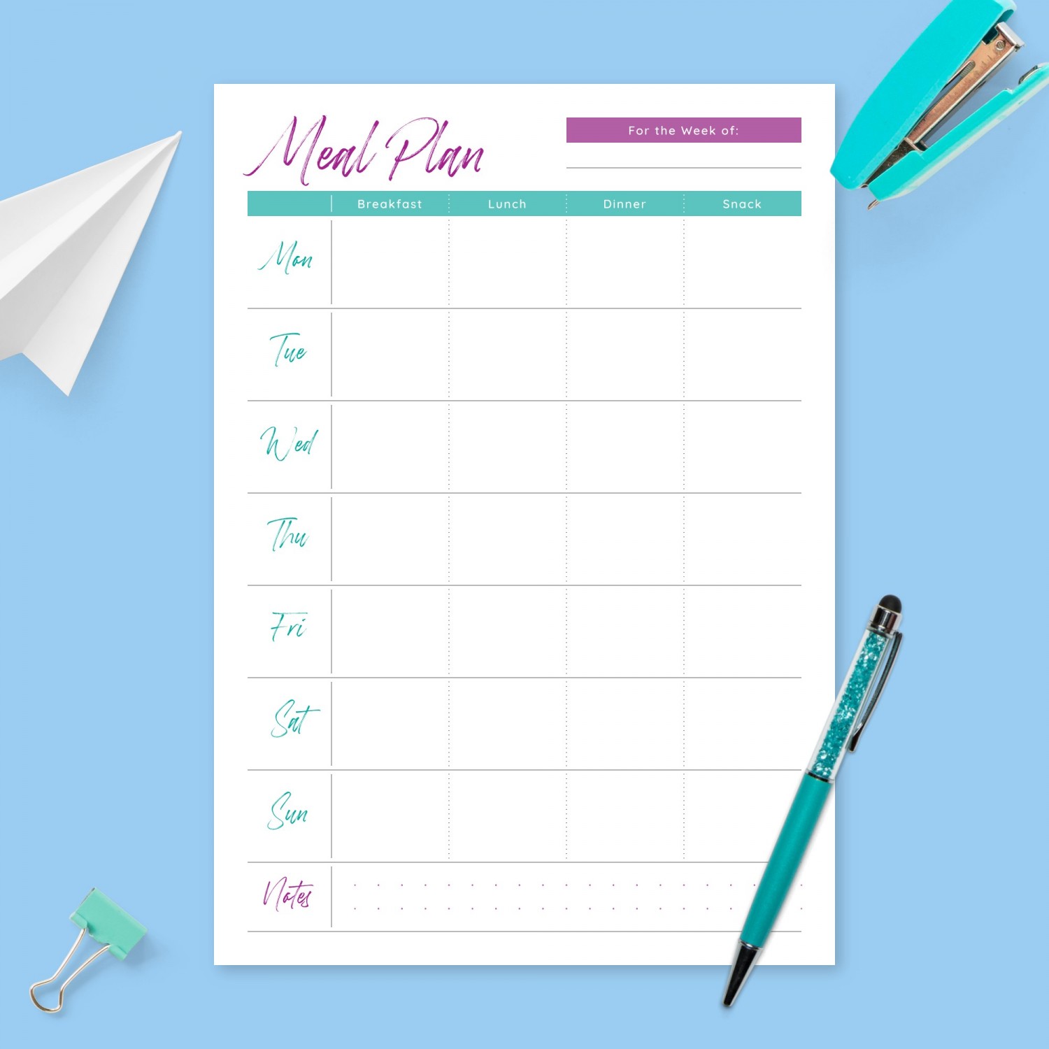 Minimalist Weekly Menu Planner Template - Printable PDF