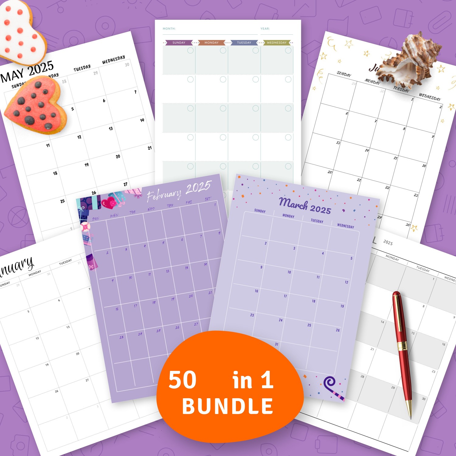 Monthly Calendar Templates Bundle (50 in 1) Template - Printable PDF