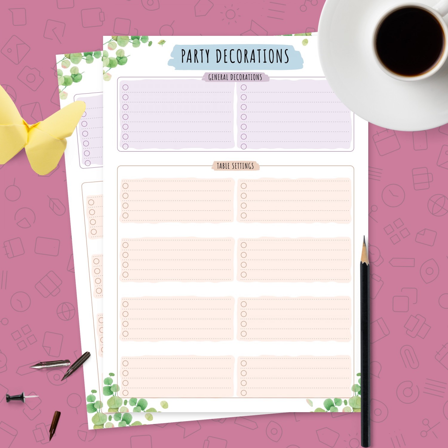 Party Decorations List - Floral Style Template - Printable PDF