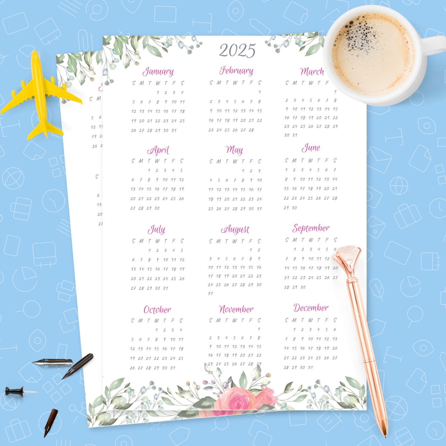 Pink Greenery Yearly Calendar Template - Printable PDF