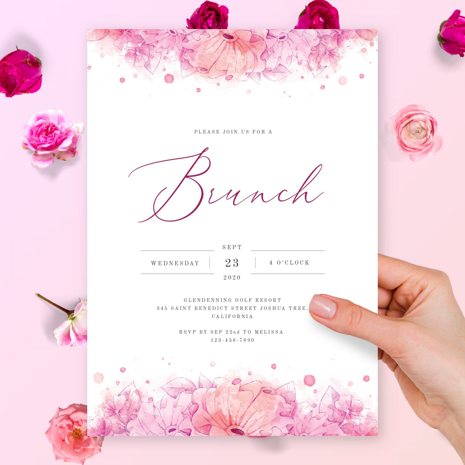 Pink Watercolor Floral Brunch Invitation Template Online Maker