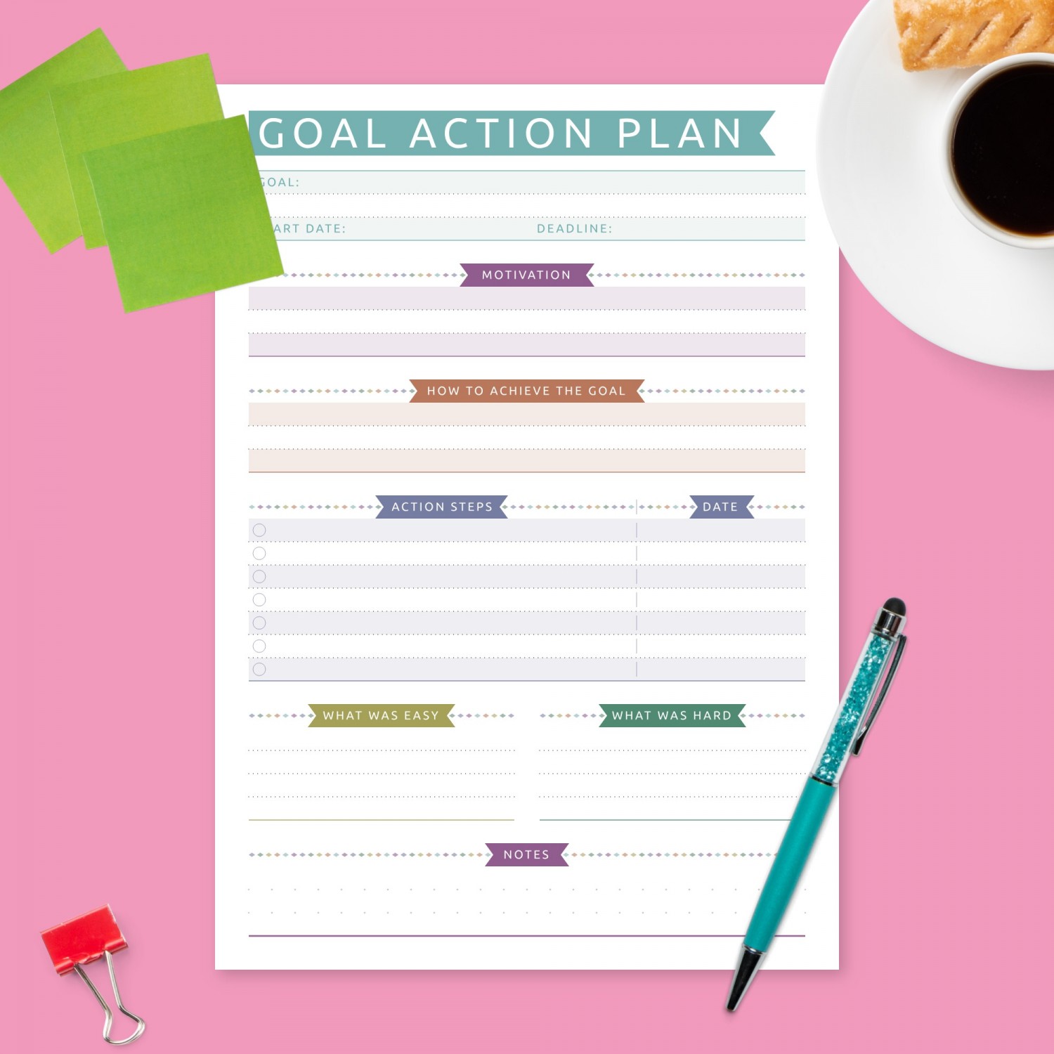 Reaching Goal Planner - Colored Design Template - Printable PDF