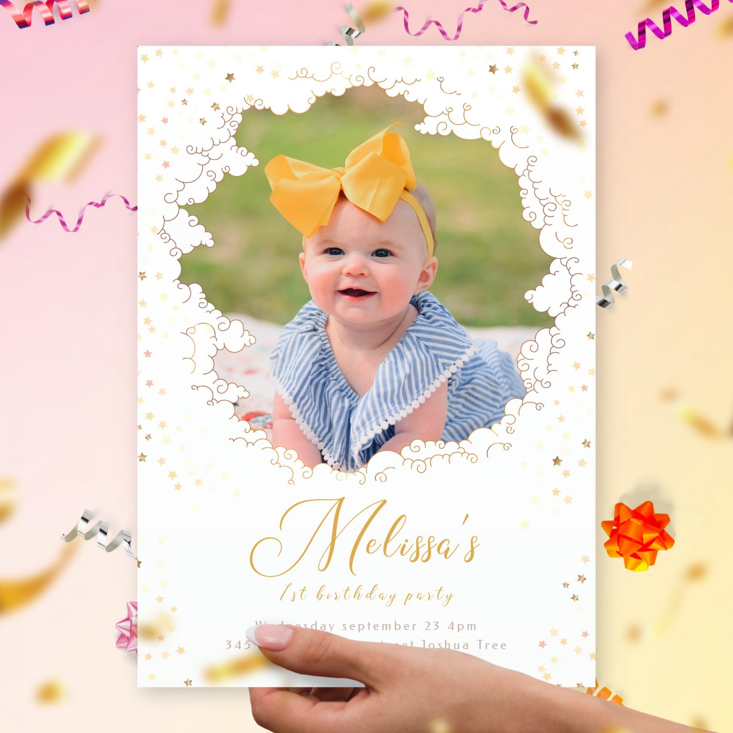 Starry Clouds Girl First Birthday Invitation Template Online Maker