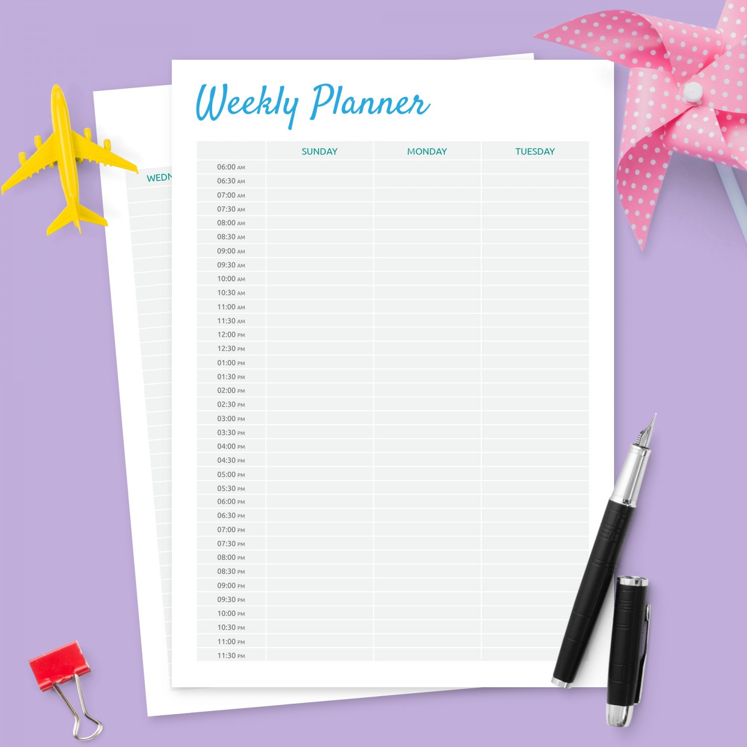 Vertical Weekly Hourly Planner Template - Printable PDF