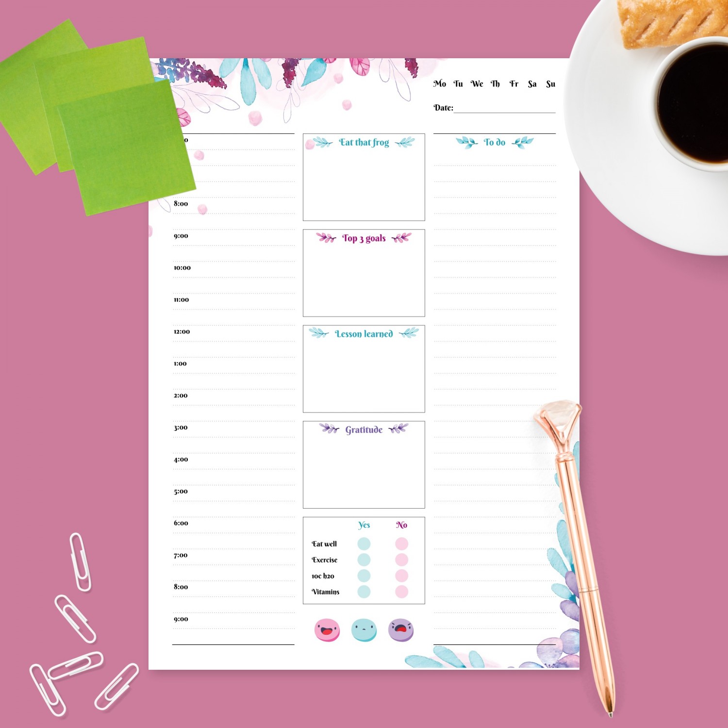 Watercolor Botanics Daily Planner Template - Printable PDF