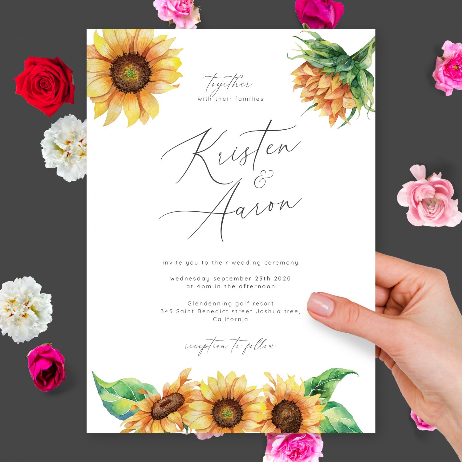 Watercolor Sunflowers Elegant Calligraphy Wedding Invitation Template ...