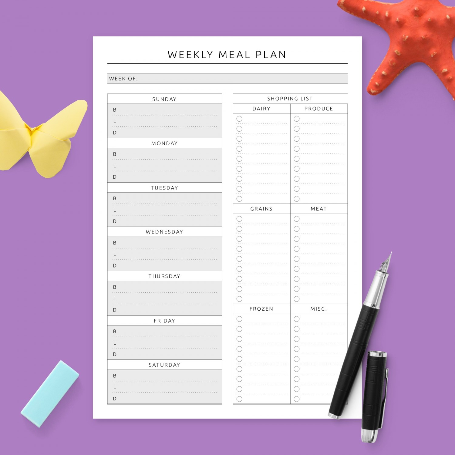 Weekly Menu Planner & Grocery List - Formal Template - Printable PDF