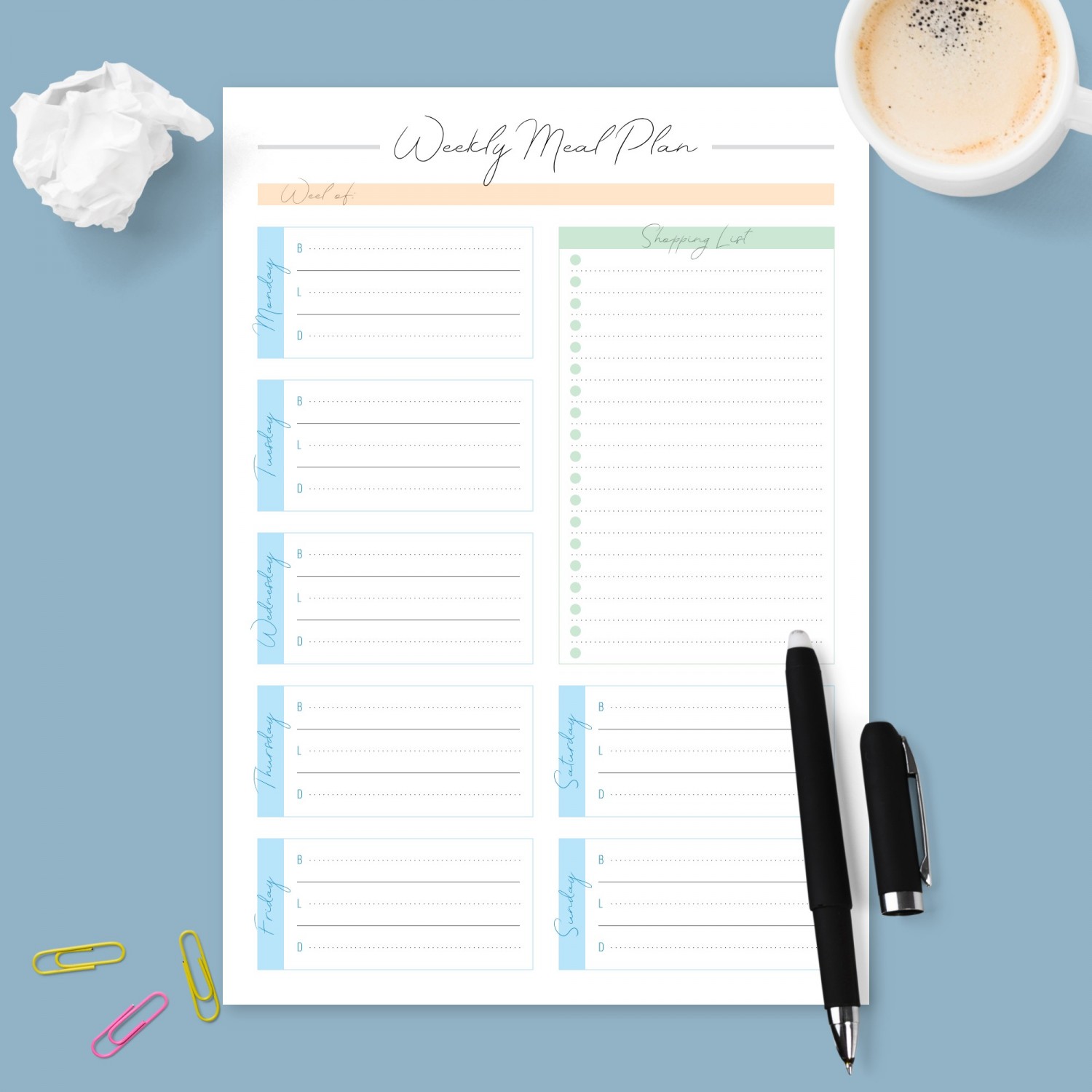 Weekly Menu Planning with Shopping List Template - Printable PDF