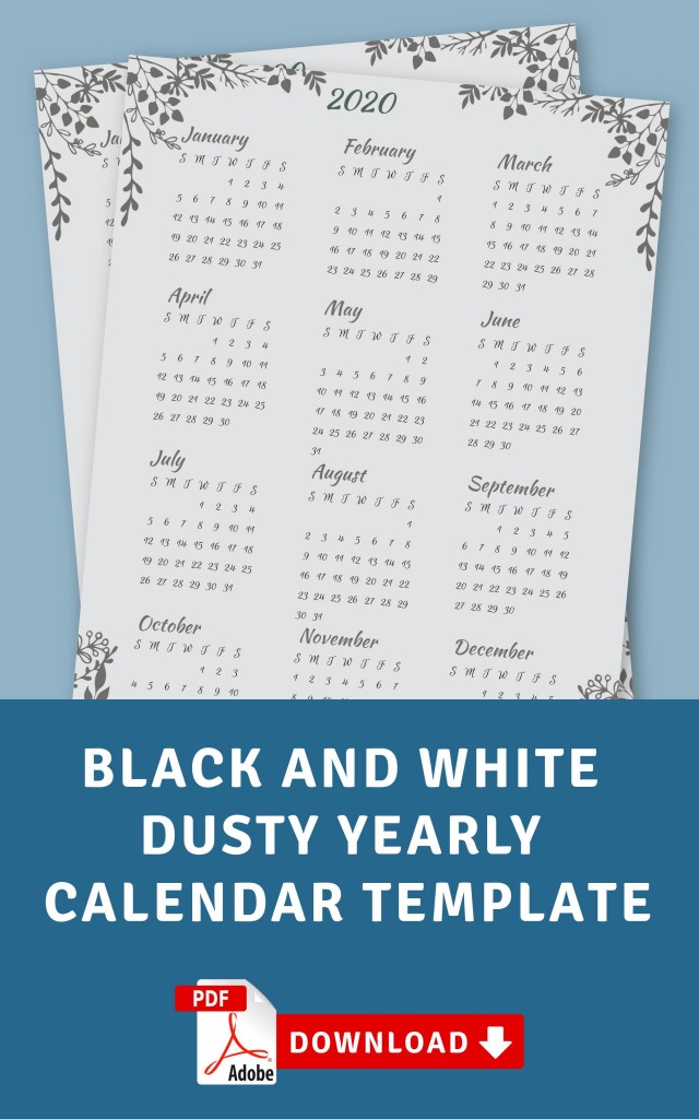Black and White Dusty Yearly Calendar Template - Printable PDF