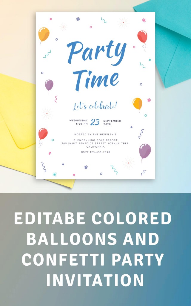 Colored Balloons and Confetti Party Invitation Template Online Maker