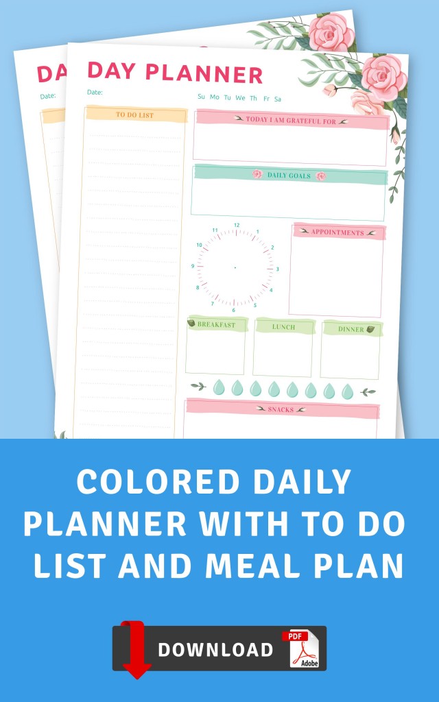 Colored Daily Planner with To Do List and Meal Plan Template ...