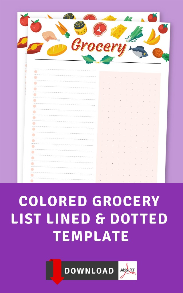 Colored Grocery List Lined & Dotted Template - Printable PDF
