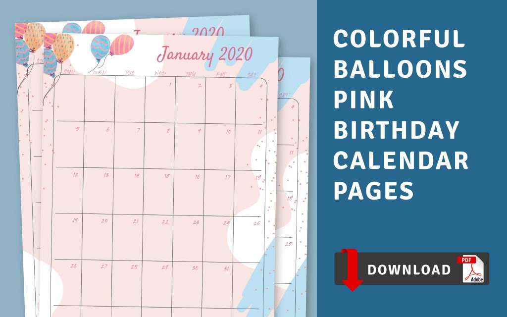Balloons and Flag Garlands Birthday Calendar Template - Printable PDF