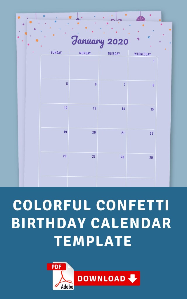 Colorful Confetti Birthday Calendar Template - Printable PDF