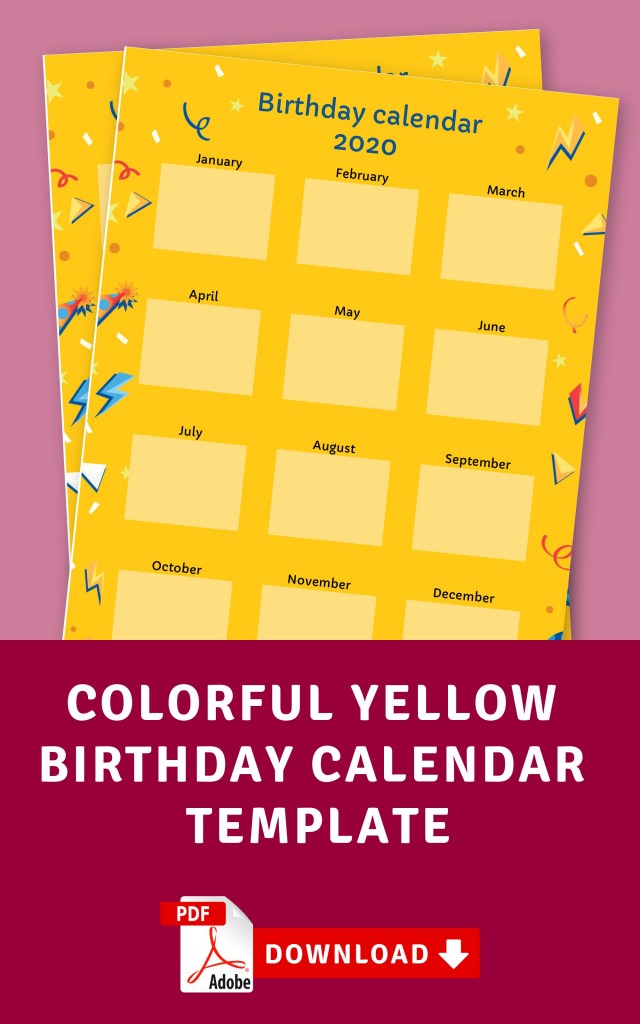 Colorful Yellow Birthday Calendar Template - Printable PDF