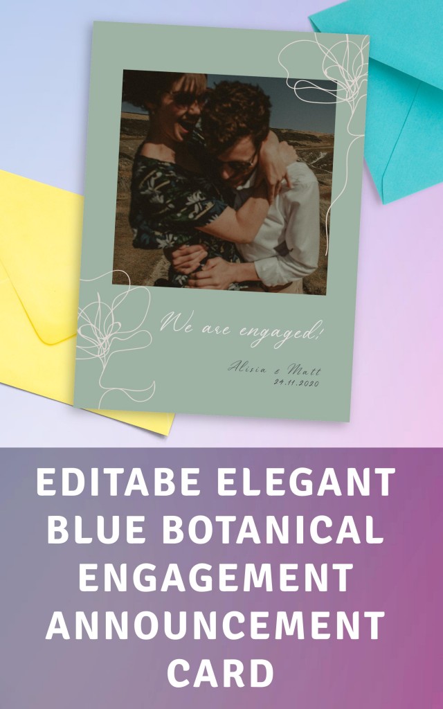 Elegant Blue Botanical Engagement Announcement Card Template Online Maker