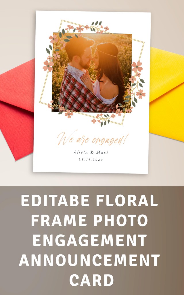 Floral Frame Photo Engagement Announcement Card Template Online Maker