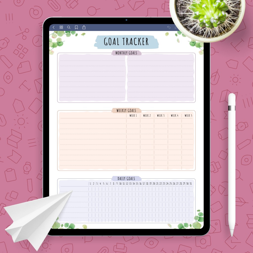 Goal Tracking Worksheet - Botanical Design Template - Printable PDF