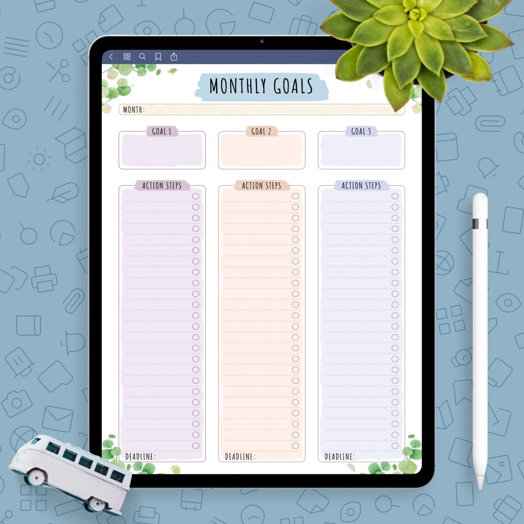 Monthly Goal Track - Botanical Design Template - Printable PDF