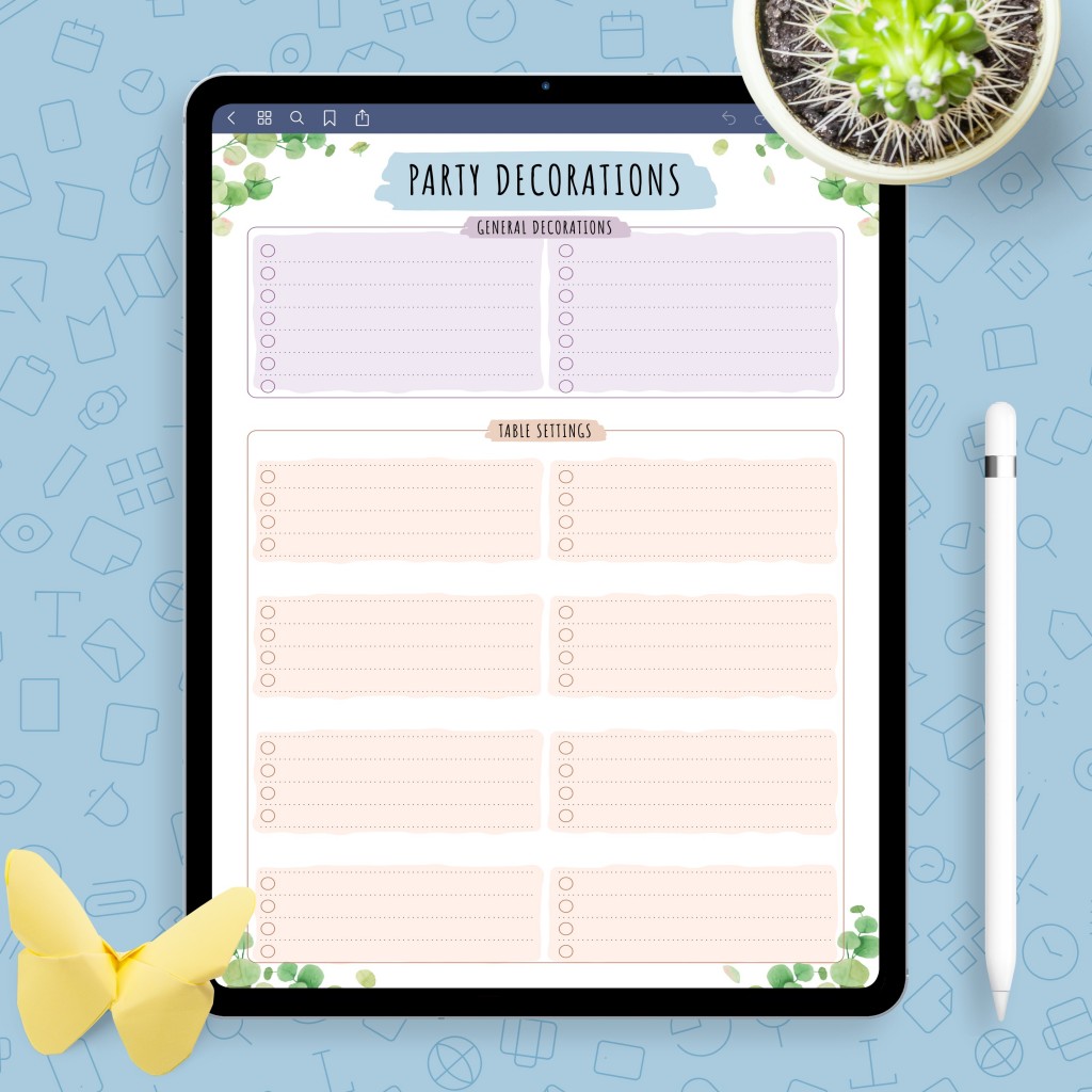 Party Decorations List - Floral Style Template - Printable PDF