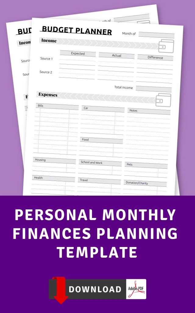 Personal Monthly Finances Planning Template - Printable PDF