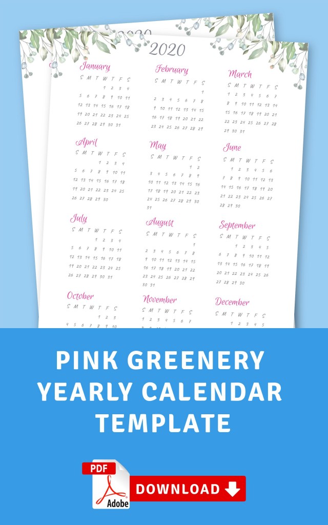 Pink Greenery Yearly Calendar Template - Printable PDF