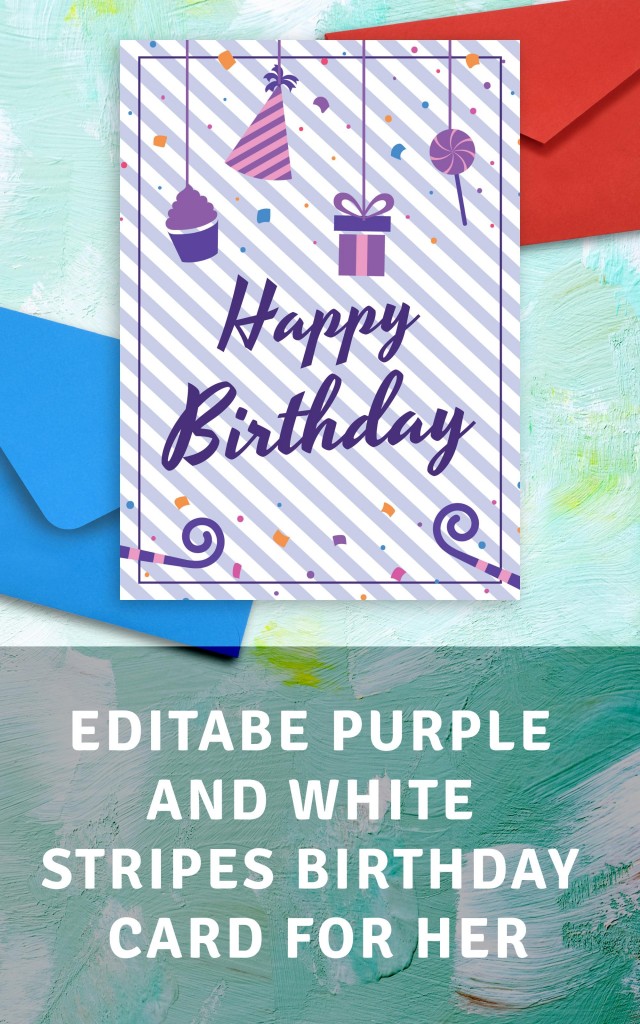 Purple and White Stripes Birthday Card For Her Template Editable Online