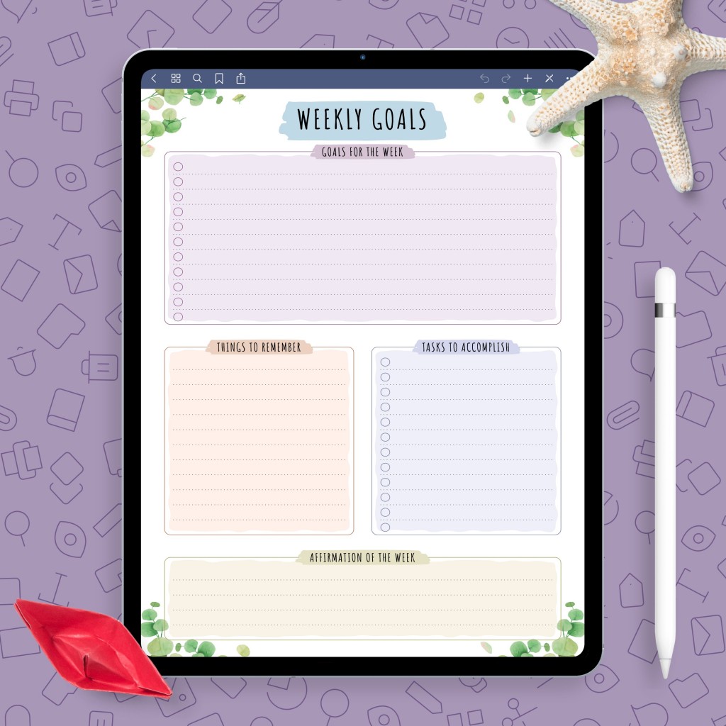 Weekly Goal Setting - Botanical Design Template - Download Printable PDF
