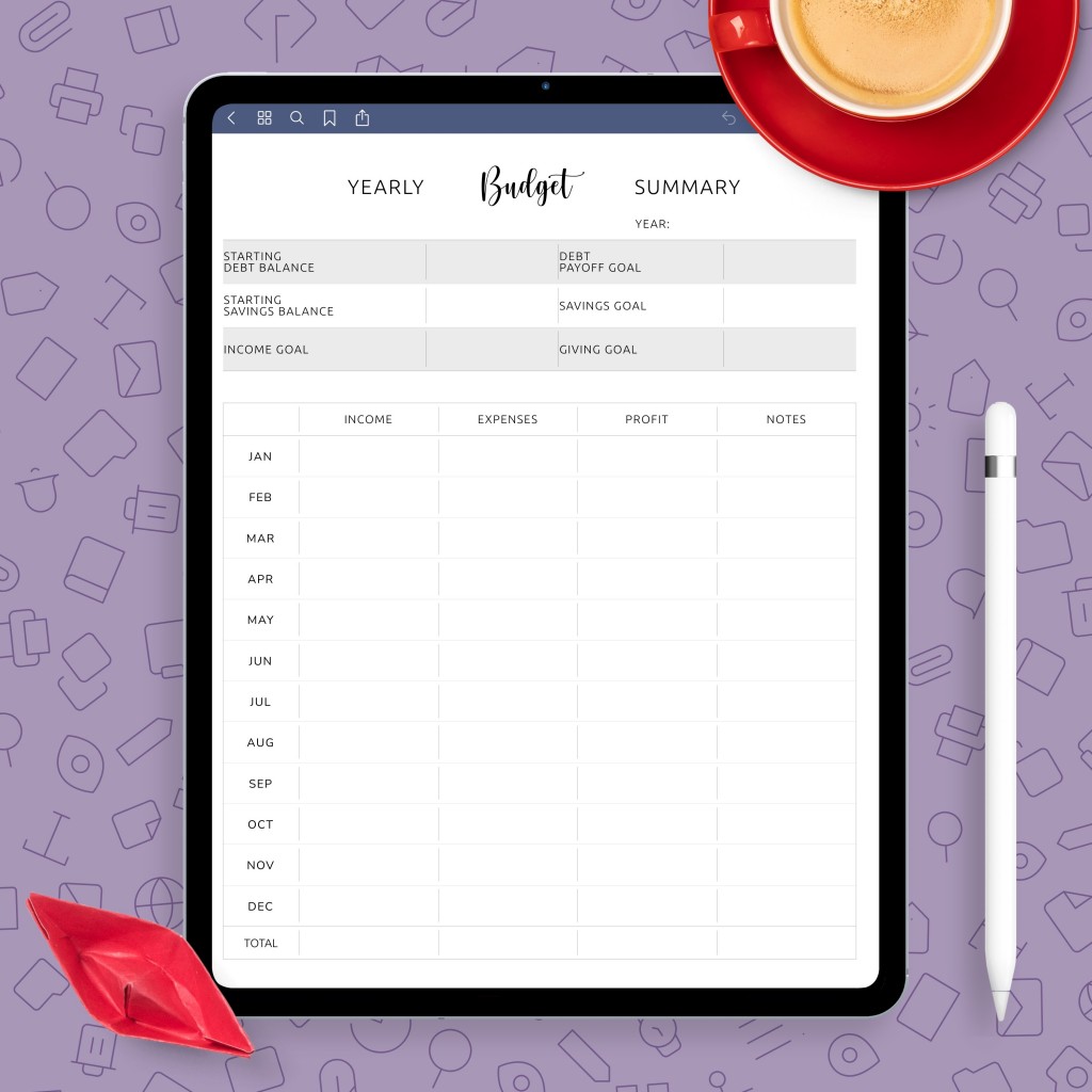 Yearly Budget Summary Template Template - Printable PDF