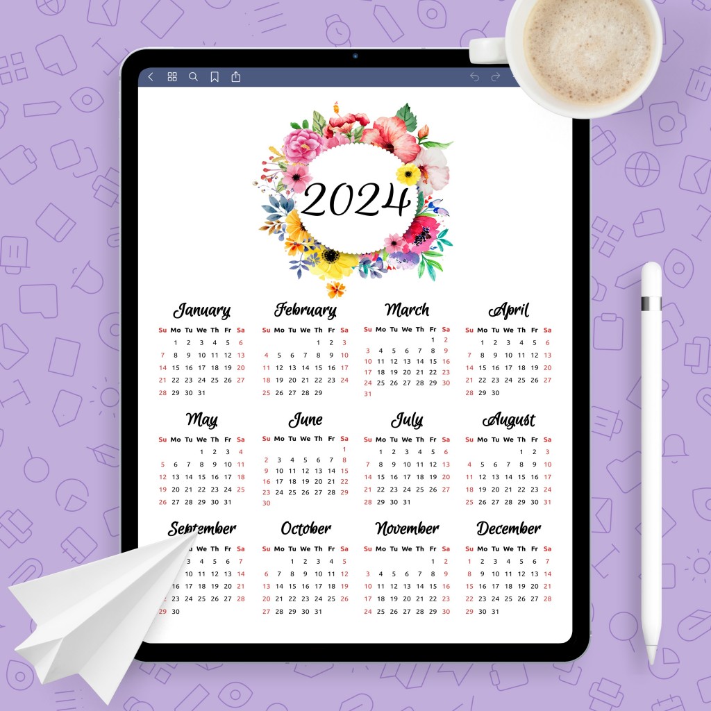 Yearly Calendar Floral Design Template - Printable PDF
